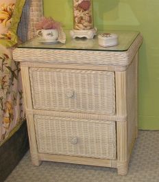 Wicker Night Stand Pavilion w/ Glass Top, White Wash