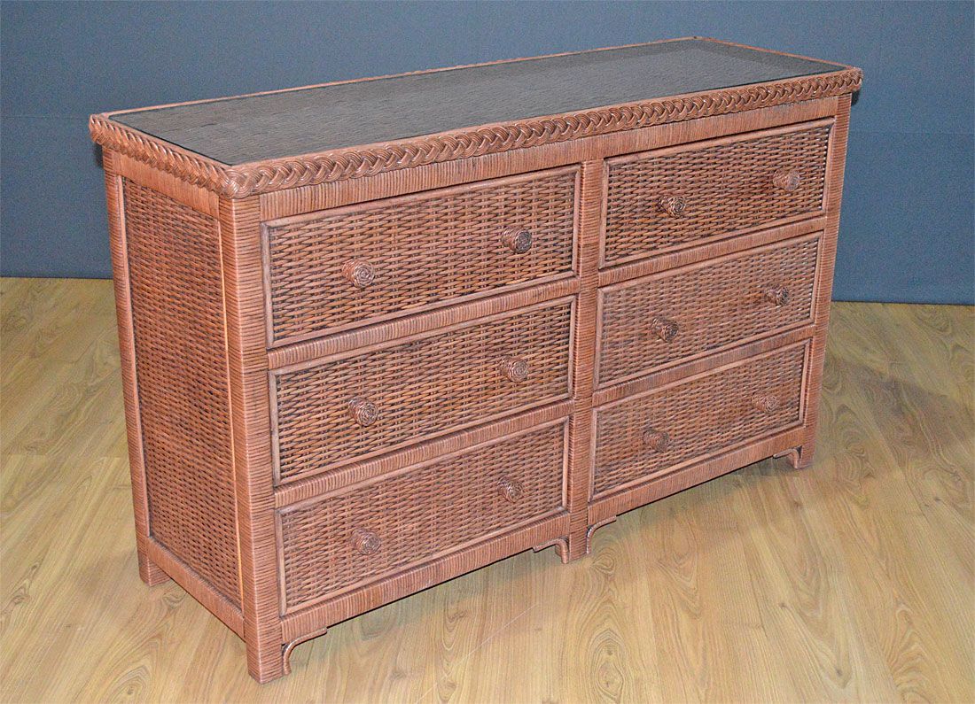 Wicker Dresser Augusta 6 Drawer w Inset Glass Top Tea Wash Brown