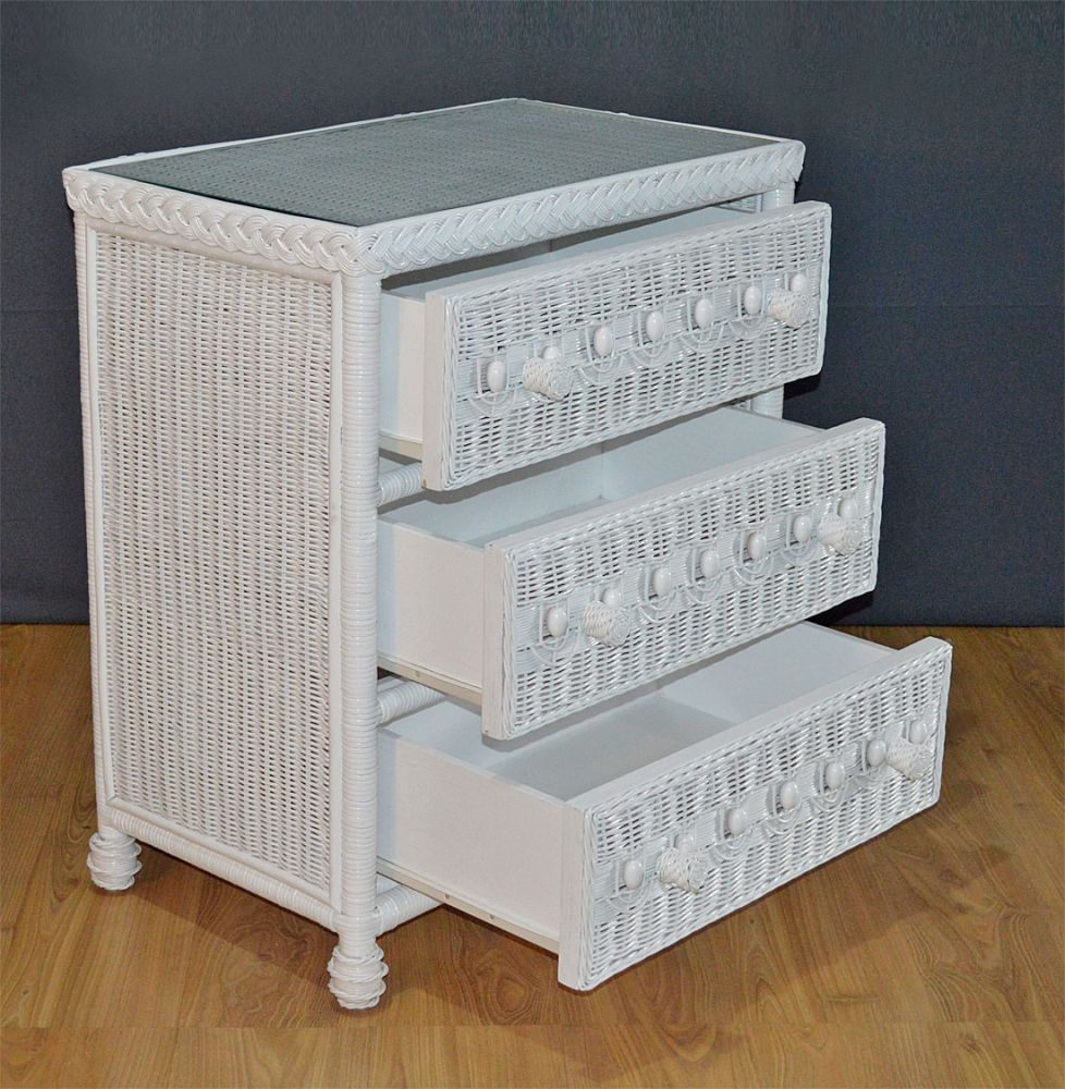 Wicker Dresser Victorian Beaded 3 Drawer w Inset Glass Top White