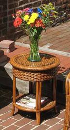 Wicker End Table w/Glass Top, Natural Wicker Round Tangiers Style