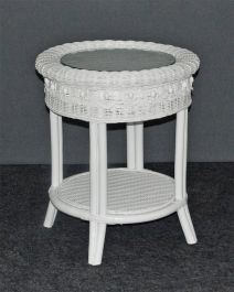 Wicker Round End Table w/ Glass Top, Beaded Victorian Style