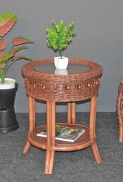 Wicker End Table Round w/ Glass Top, Beaded Victorian Style, Tea Wash
